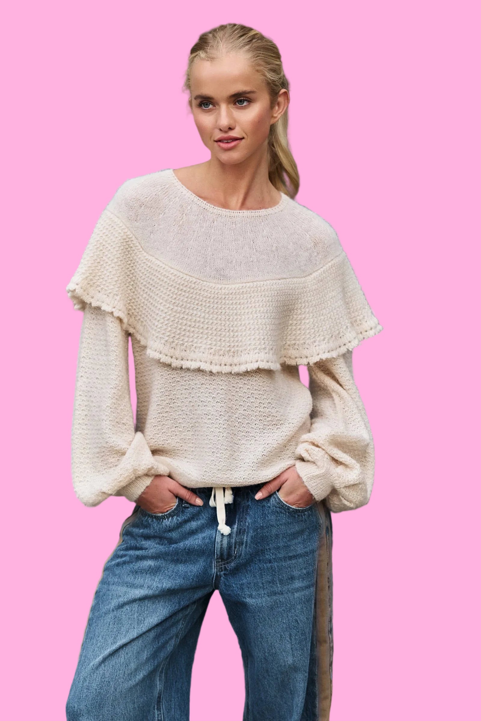 Ruffle Yoke Blouson Sleeve Knit Sweater – Teggy French